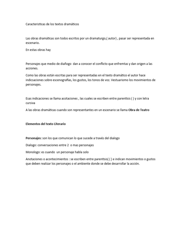 Características del Texto Dramático | PDF | Ficción general | Poesía