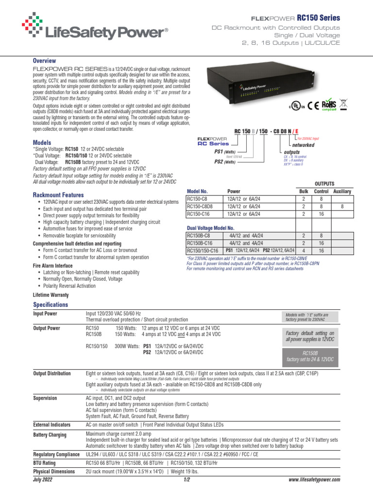 LifeSafetyPower RC150 Series | PDF | Power Supply | Battery Charger