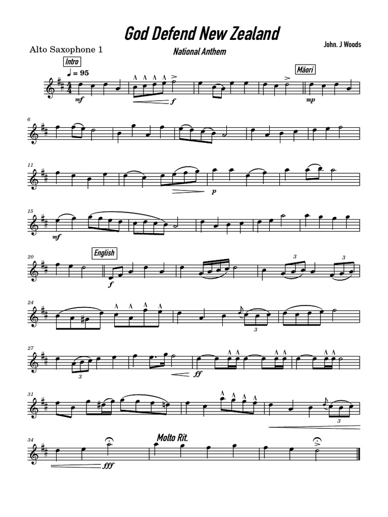 God Defend New Zealand SPC-Alto Saxophone 1 | Download Free PDF | Institutional Songs ...