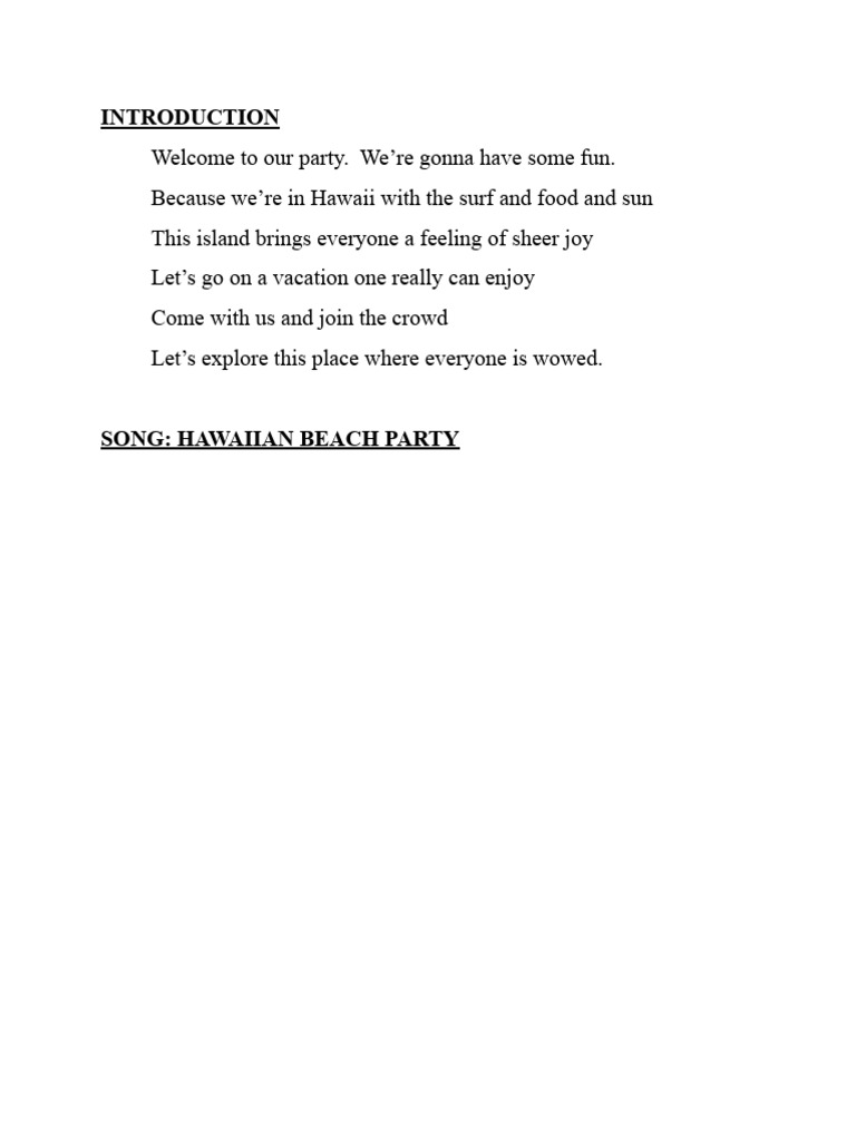 Hawaiian Beach Party Rhyming Script | PDF