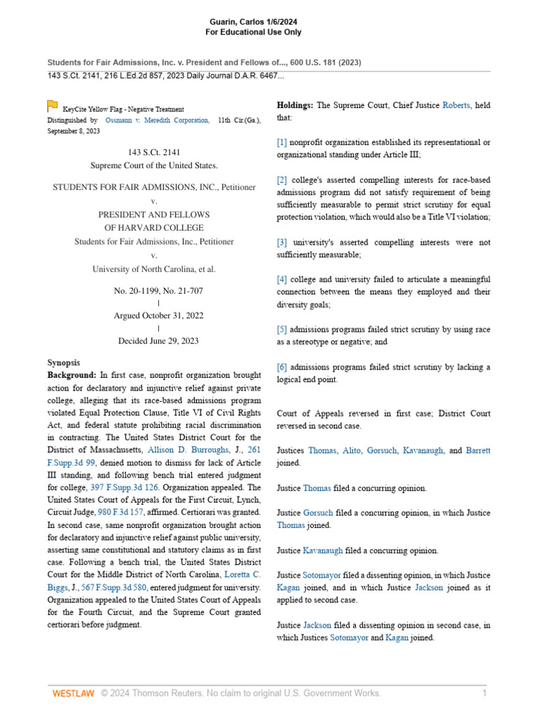 Students For Fair Admissions Inc V President and Fellows of Harvard College | PDF | Equal ...