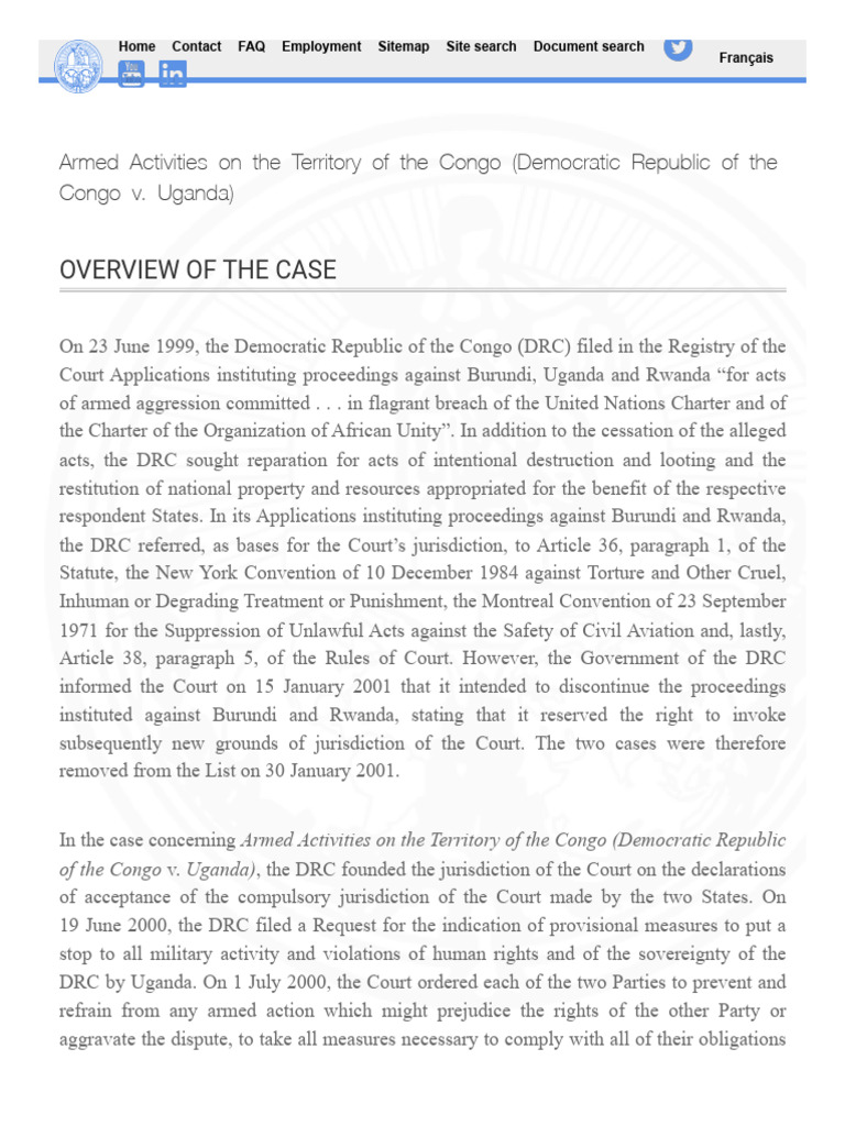 Armed Activities On The Territory of The Congo (Democratic Republic of The Congo v. Uganda ...