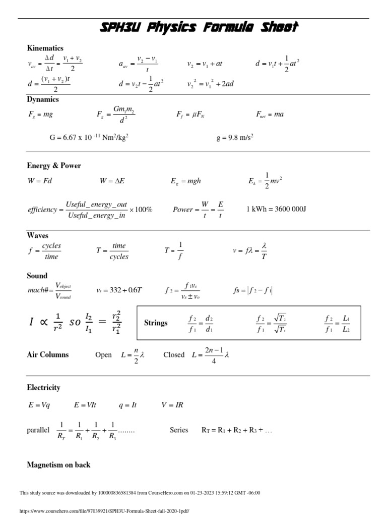 SPH3U Physics Formula Overview | PDF | Mechanics | Quantity