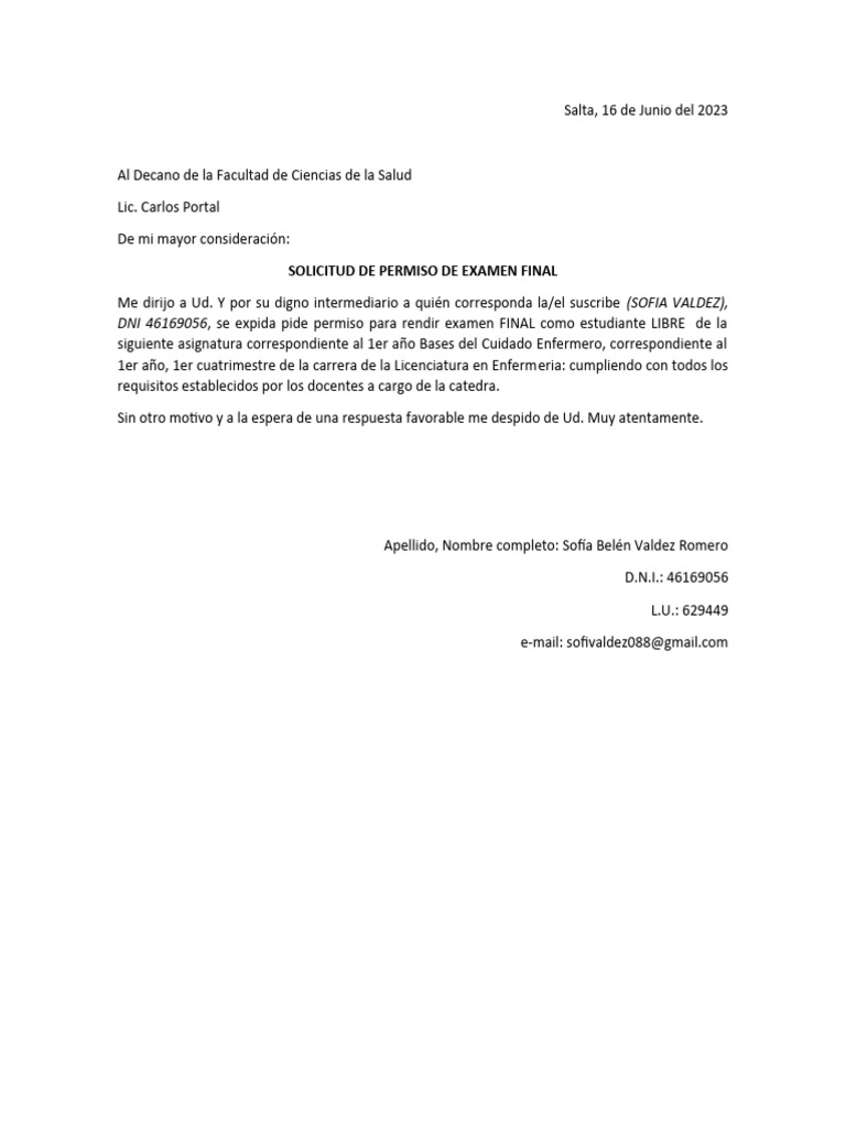 Modelo Nota para Rendir Examen Libre | PDF