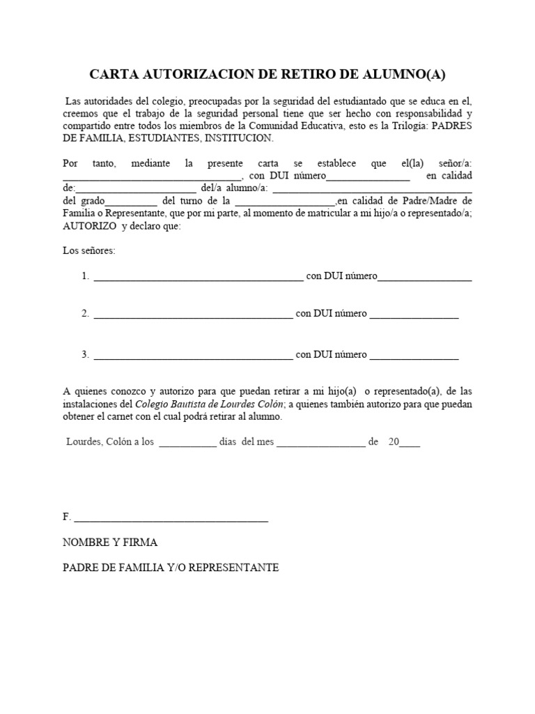 Carta Autorizacion Retiro Alumnos | PDF