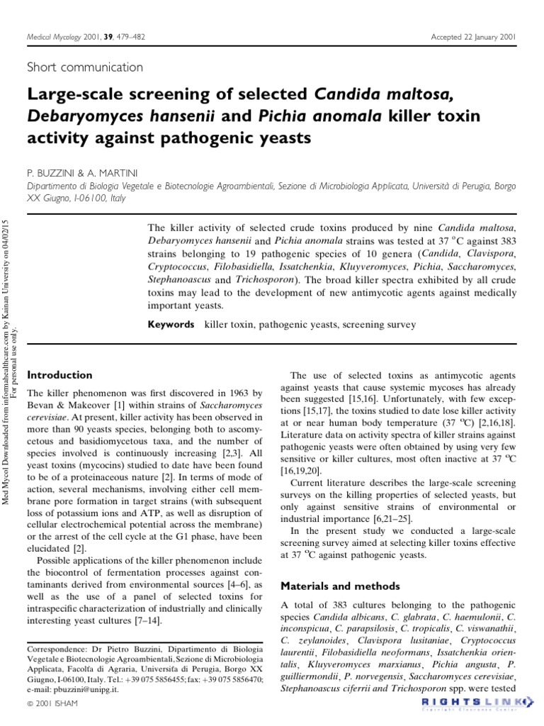 Large-Scale Screening of Selected Candida Maltosa, Debaryomyces ...