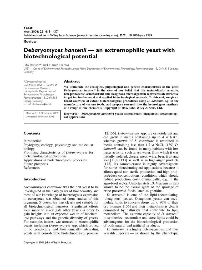 Debaryomyces Hansenii - An Extremophilic Yeast With Biotechnological ...