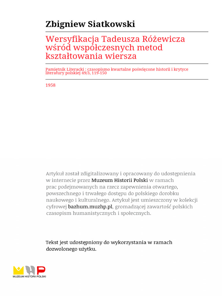 Zbigniew Siatkowski - Wersyfikacja Tadeusza Różewicza... (1958) | PDF