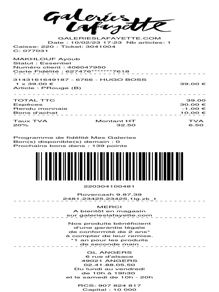 Ticket Caisse Galeries Lafayette | PDF | Technologie et ingénierie