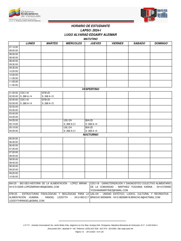 Horario Estudiante Lugo Alvarad Edgairy Aleimar | PDF