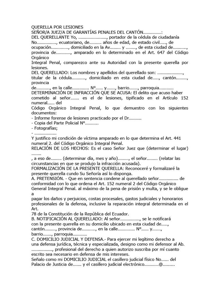 Modelo de Querella Por Lesiones | PDF | Queja | Ley común Modelo de Querella Por Lesiones | PDF | Queja | Ley común