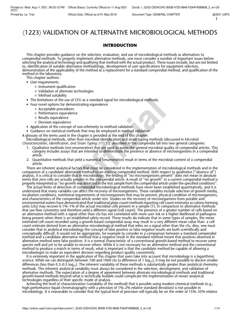 〈1223〉 VALIDATION OF ALTERNATIVE MICROBIOLOGICAL METHODS | PDF | Colony Forming Unit ...