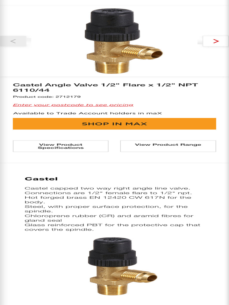 Castel Angle Valve 12 Flare X 12 NPT 611044 From Reece | PDF