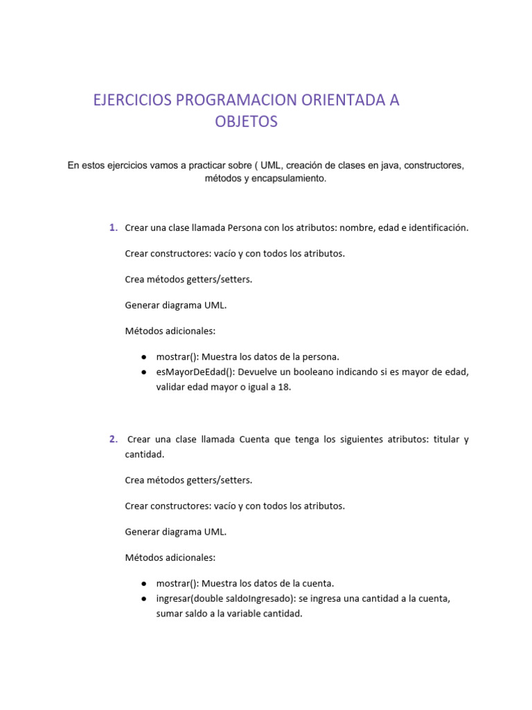 Introducción Ejercicios Programación Orientada A Objetos | PDF | Constructor (Programación ...
