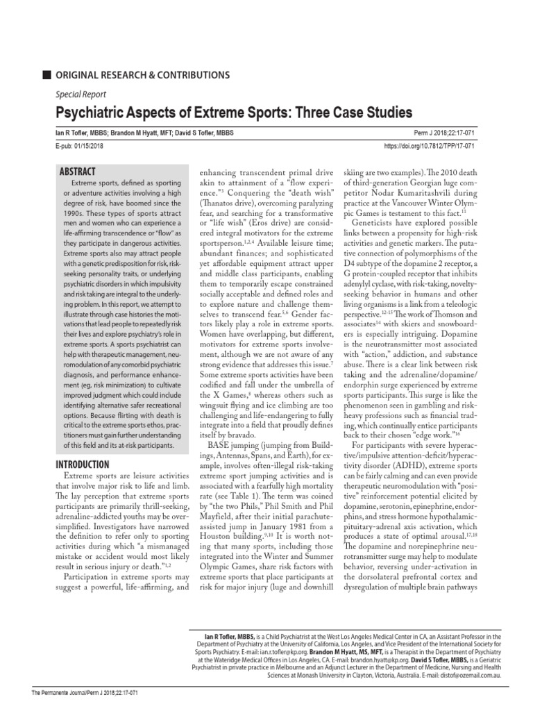 Psychiatric Aspects of Extreme Sports: Three Case Studies: Original Research & Contributions ...