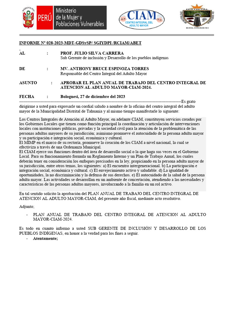 Informe #028 Aprovacion Del Plan Del Ciam 2024 Bruce | PDF ...