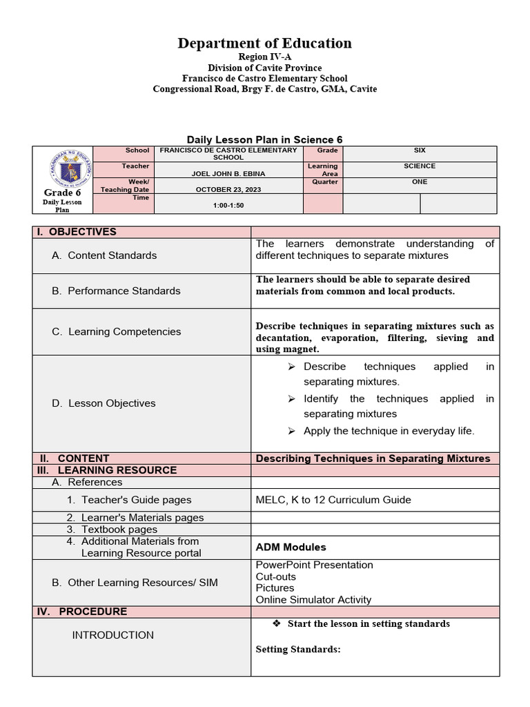 DLL COT 1 Science | PDF | Filtration | Liquids