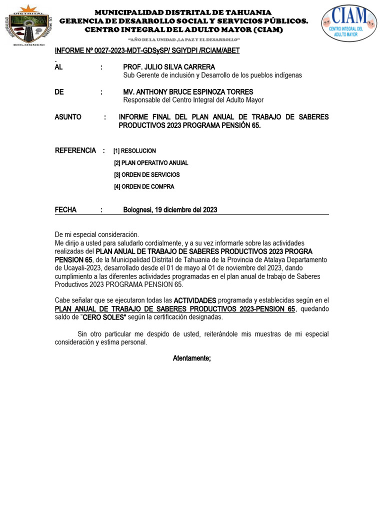 Informe #0027 Informe Fianl de Saberes Productivos | PDF | Presupuesto | Invalidez