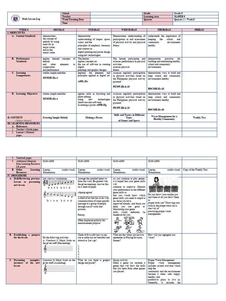 DLL Mapeh Q2 W6 | PDF | Waste | Learning