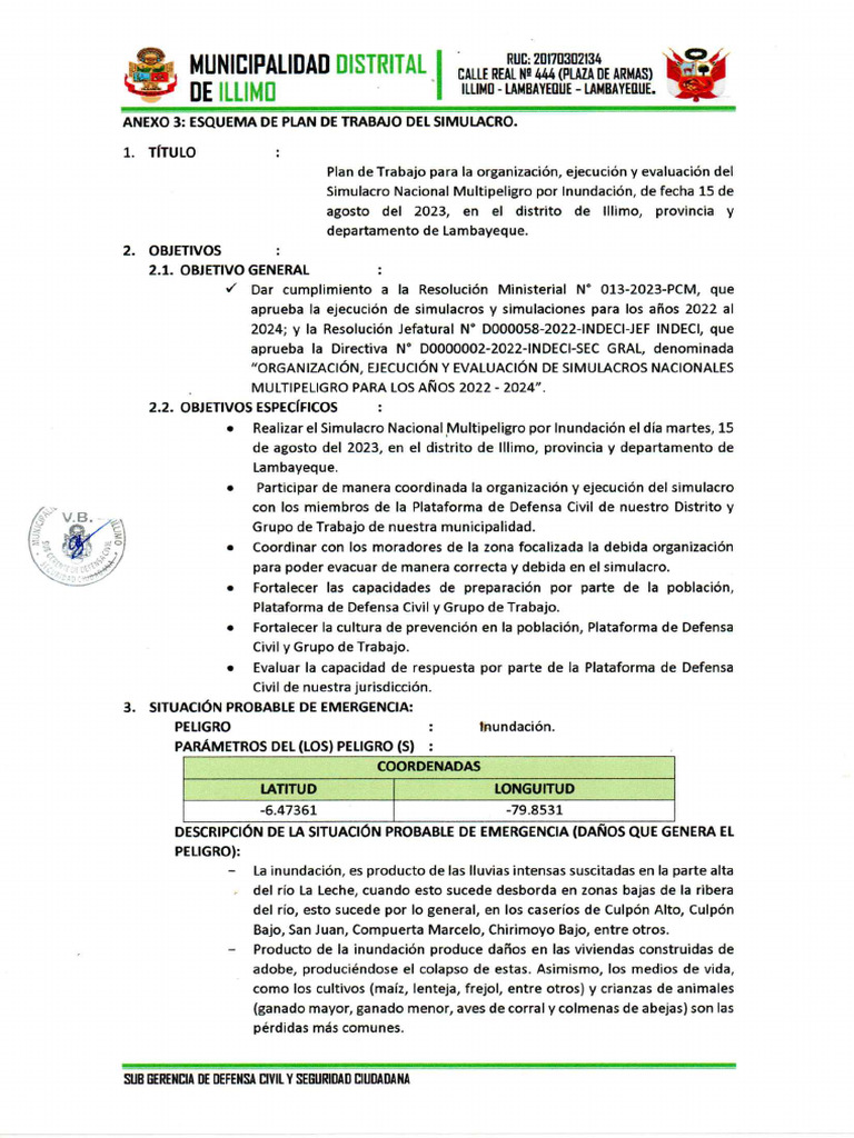 Plan de Trabajo de Simulacro Multipeligro - MD Illimo - 15082023 | PDF