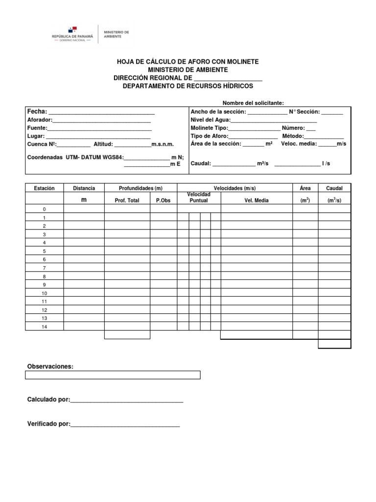 Hoja de Cálculo de Aforo Hídrico | PDF | Negocios | Finanzas y dinero