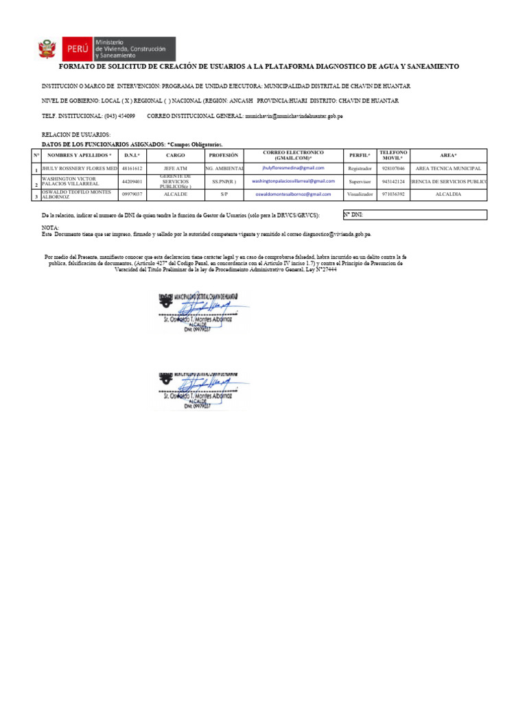 Formato Oficial Creación de Usuarios Plataforma Diagnóstico | PDF