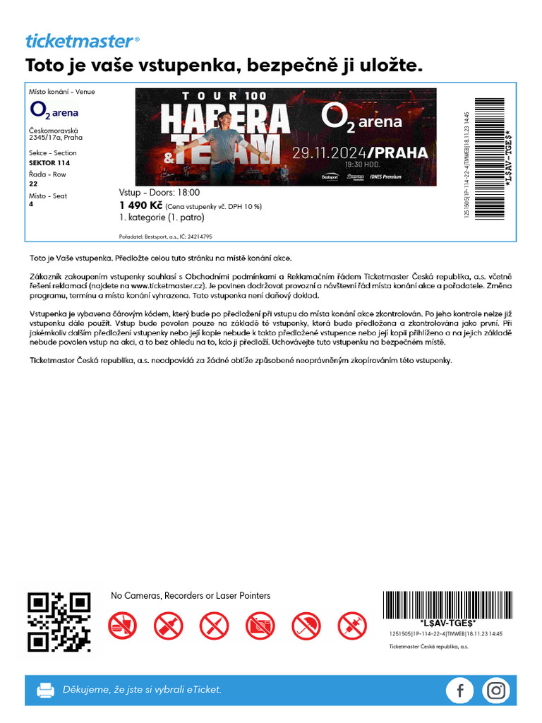 Toto Je Vaše Vstupenka, Bezpečně Ji Uložte.: Vstup - Doors: 18:00 1. Kategorie (1. Patro) | PDF