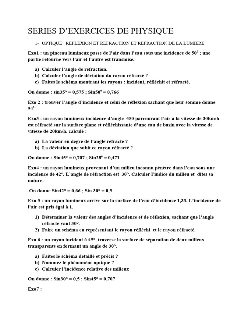 Réflexion et Réfraction de la Lumière | PDF | Réfraction | Indice de ...