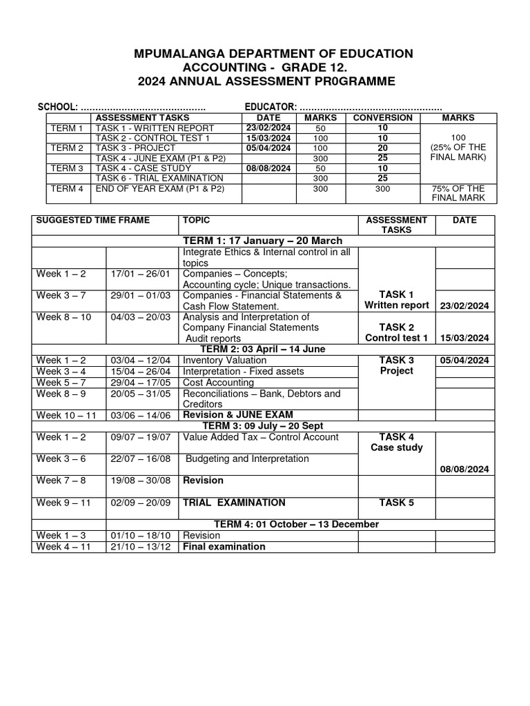 GRADE 12 2024 Programme of Assessment-1 | PDF