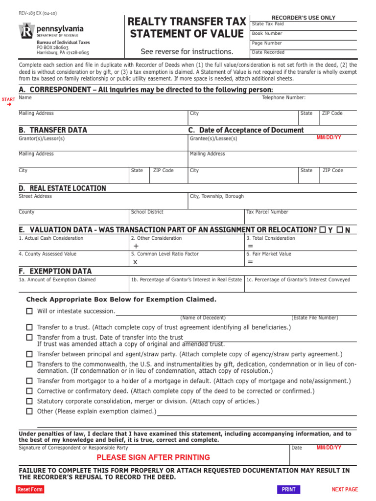 Realty Transfer Tax Statement of Value REV 183 | PDF | Mortgage Law ...