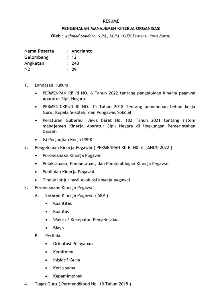 Resume Materi 1 Hari 1 Pengenalan Manajemen Kinerja Organisasi Pdf 