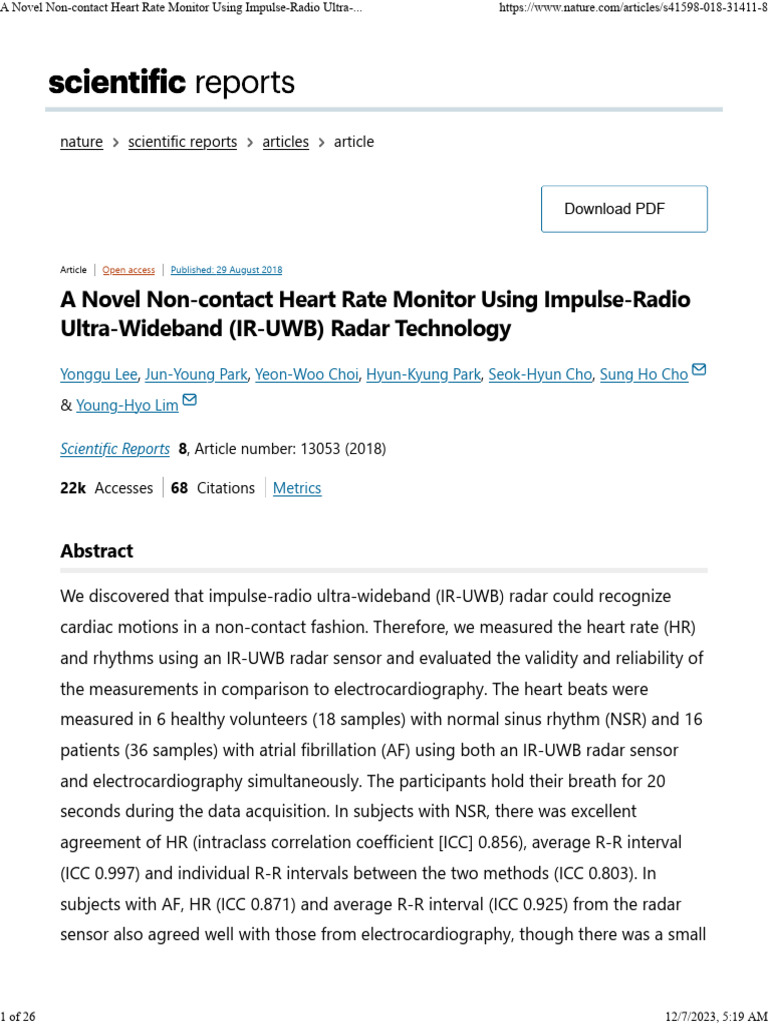 A Novel Non-Contact Heart Rate Monitor Using Impulse-Radio Ultra-Wideband (IR-UWB) Radar ...
