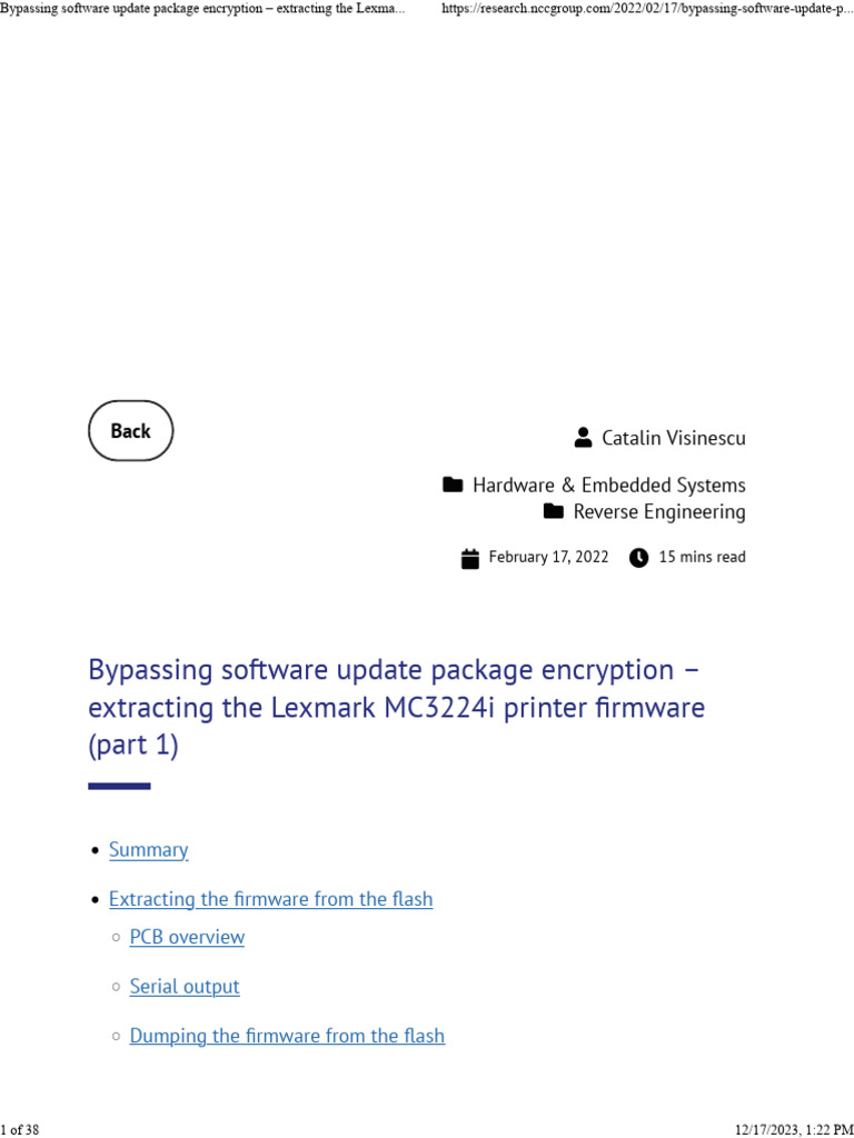 Bypassing Software Update Package Encryption - Extracting The Lexmark MC3224i Printer Rmware ...