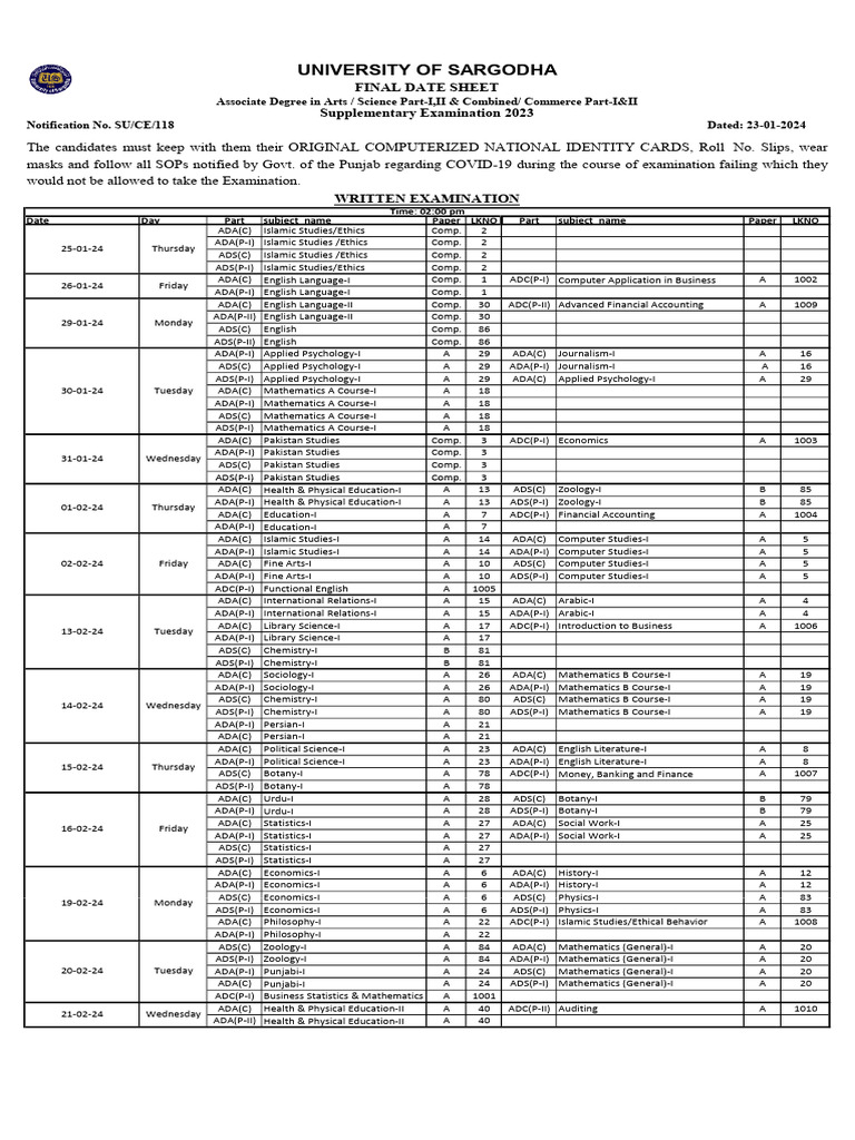 UOS 2023 Supplementary Exam Schedule | PDF