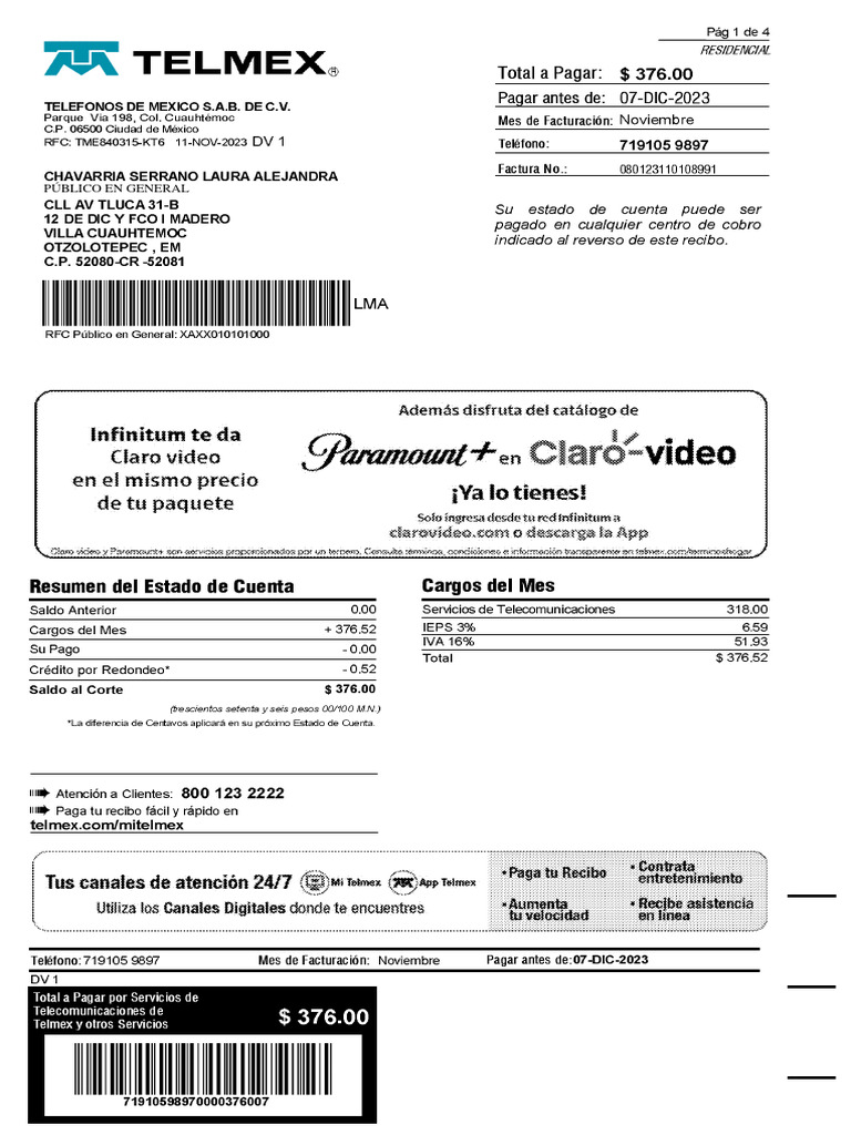 Recibo Telmex | PDF