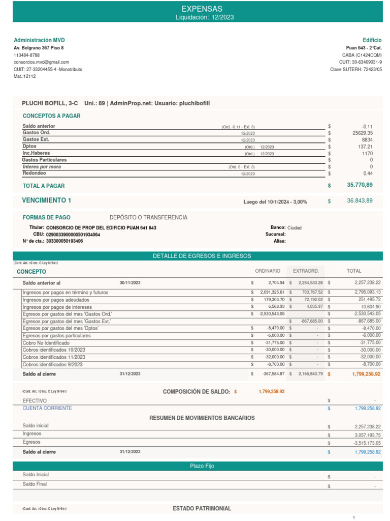 Detalle Expensas Ene 24 | PDF | Finanzas personales | Empresas de servicios financieros