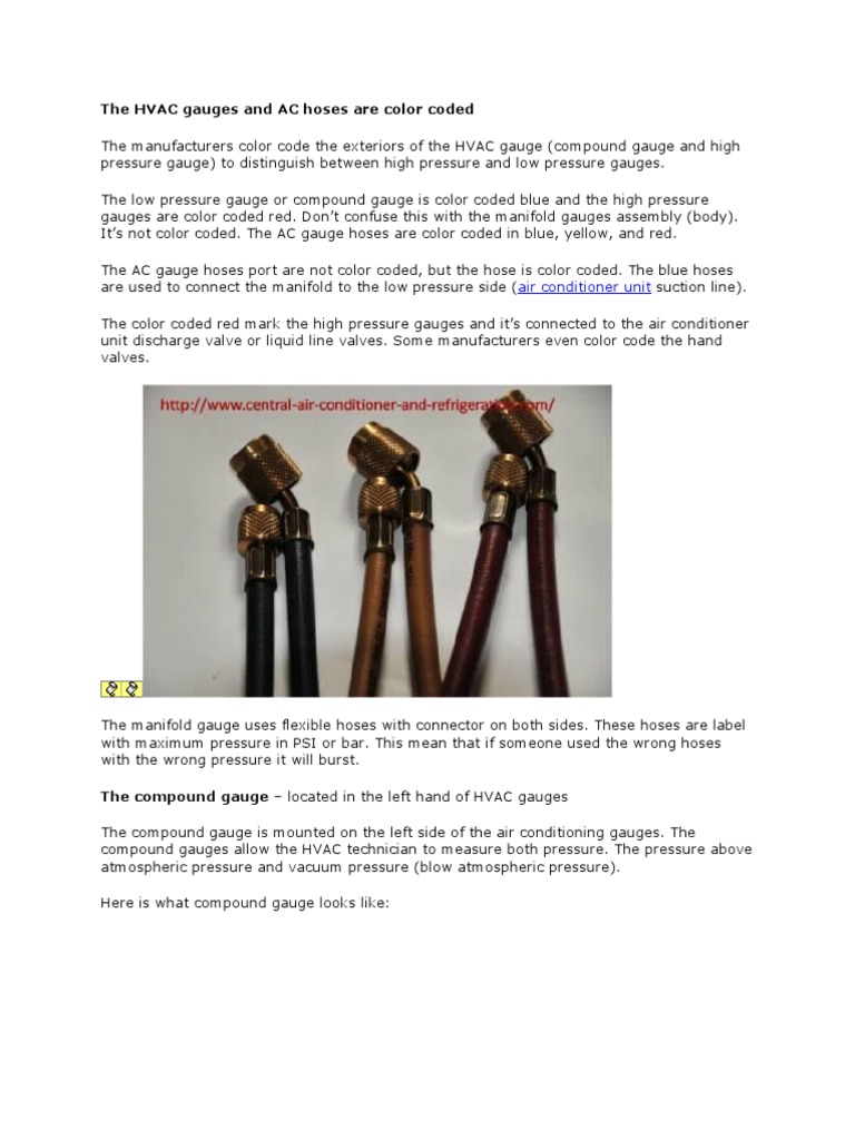 The HVAC Gauges and AC Hoses Are Color Coded | PDF | Pressure | Fahrenheit