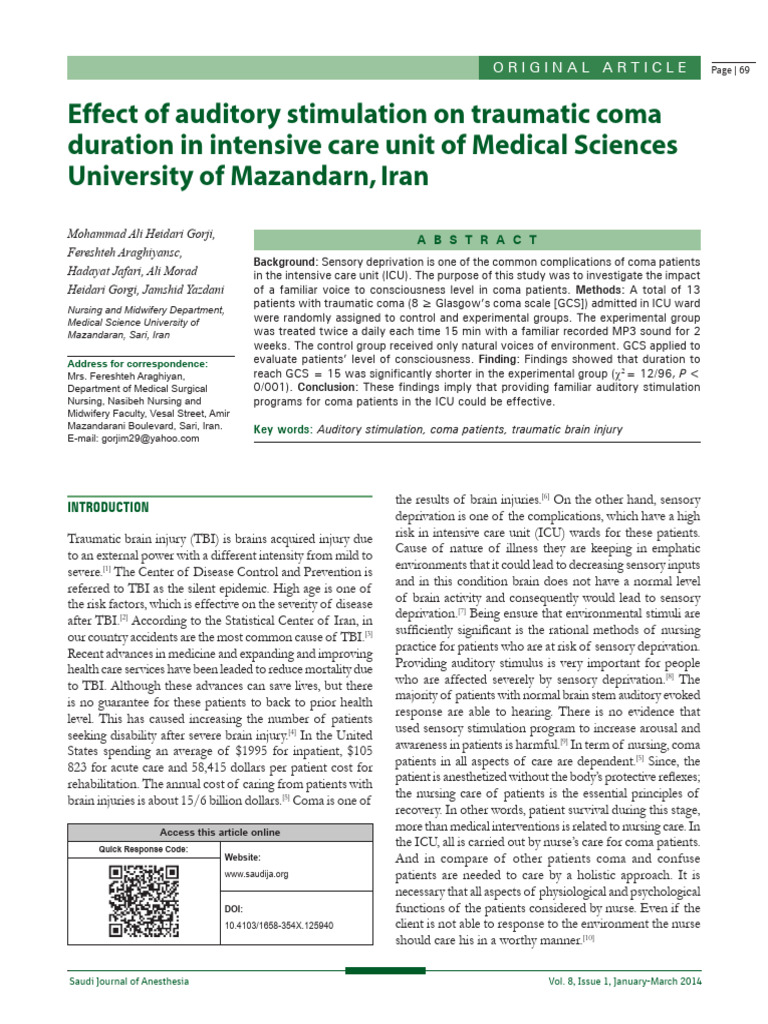 Auditory Stimulation | PDF | Coma | Intensive Care Unit