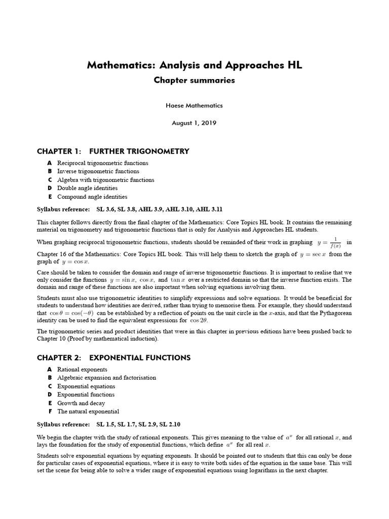 Mathematics Analysis & Approaches HL Guide | PDF | Zero Of A Function ...