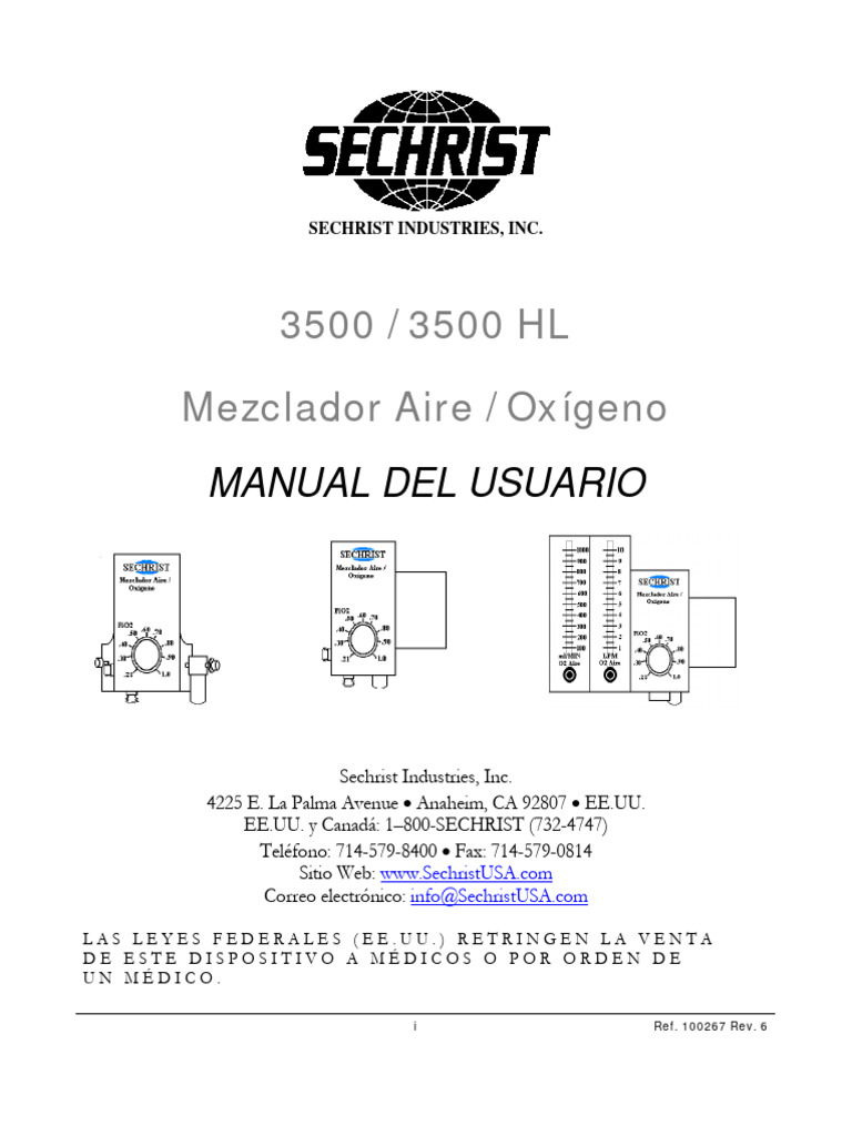 Manual del Mezclador Aire/Oxígeno Sechrist | PDF | Oxígeno | Gases