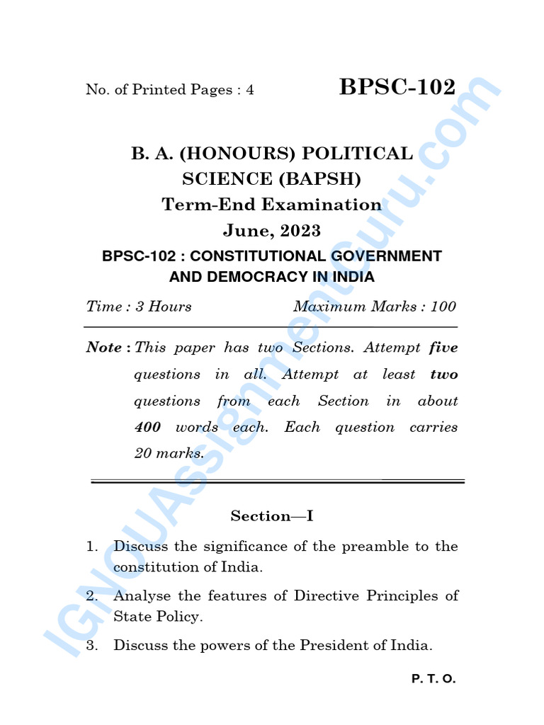 June 2023 BPSC-102 | PDF | Political Science | Government