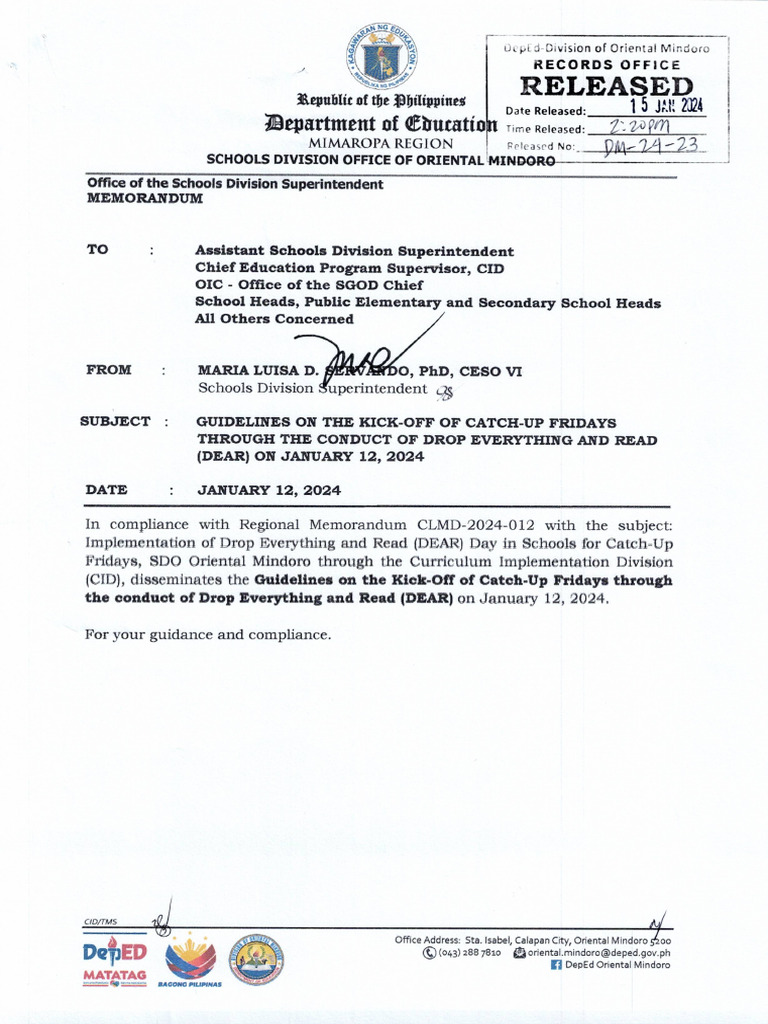 DM Guidelines On The Kick Off of Catch Up Fridays Through The Conduct of Drop Everything and ...