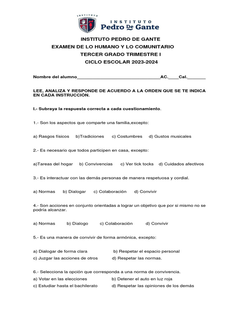 Examen de Lo Humano y Lo Comunitario Trim. I Tercer Grado | PDF