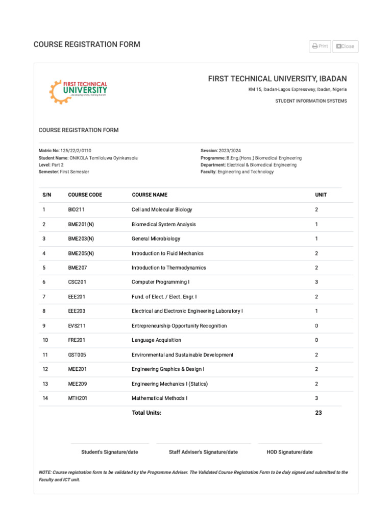 2023-2024 First Semester Course Registration Form. | PDF | Engineering ...