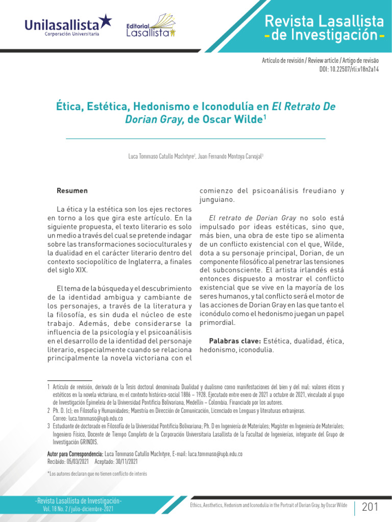 Ética, Estética, Hedonismo e Iconodulía en El Retrato De: Dorian Gray ...