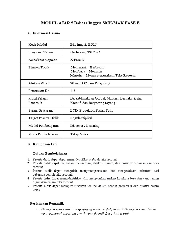 Modul Ajar - English - SMK-X - Unit 5 | PDF