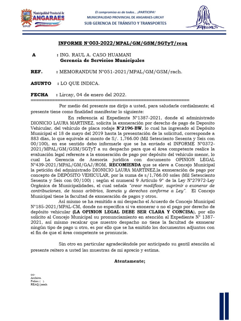 Informe Nº003-Exoneracion Dionicio Laura Martinez | PDF | Gobierno ...