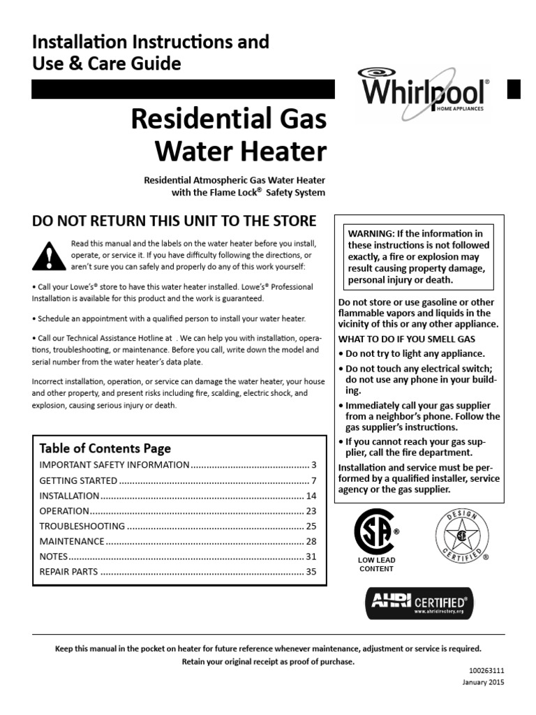 Whirlpool Gas Water Heater Manual | PDF | Water Heating | Water