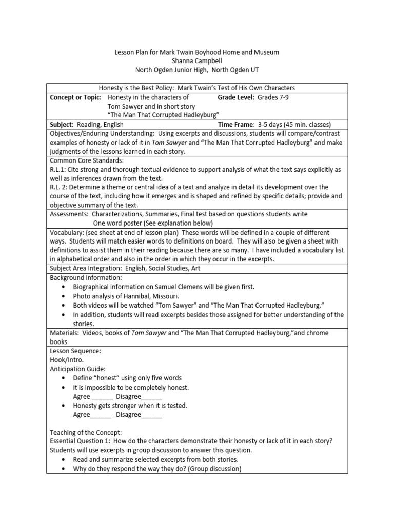 Honesty Is The Best Policy Mark Twain Test of His Own Characters ...