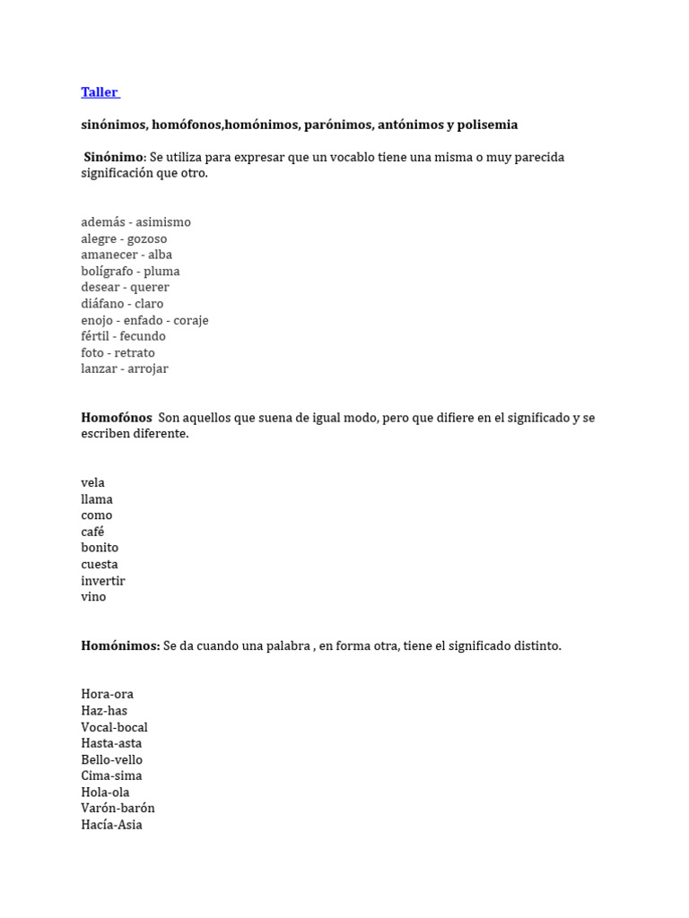 Sinónimos, Antónimos, Parónimos, Homónimos, Himógrafas, Polisemia | PDF